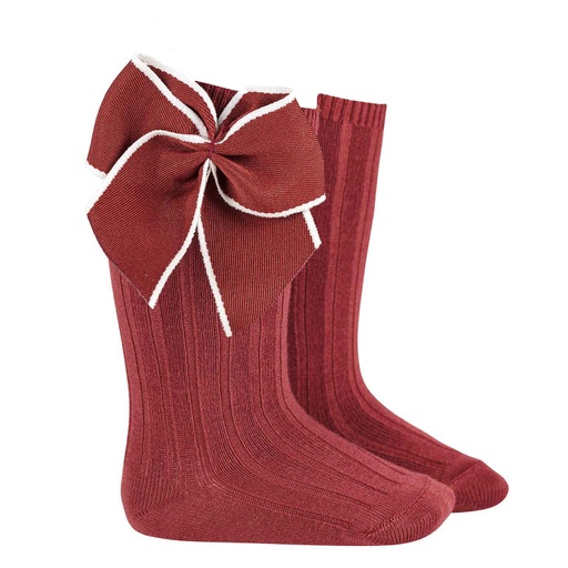 Ribbed Knee Sock W Contrast Color Trim Bow